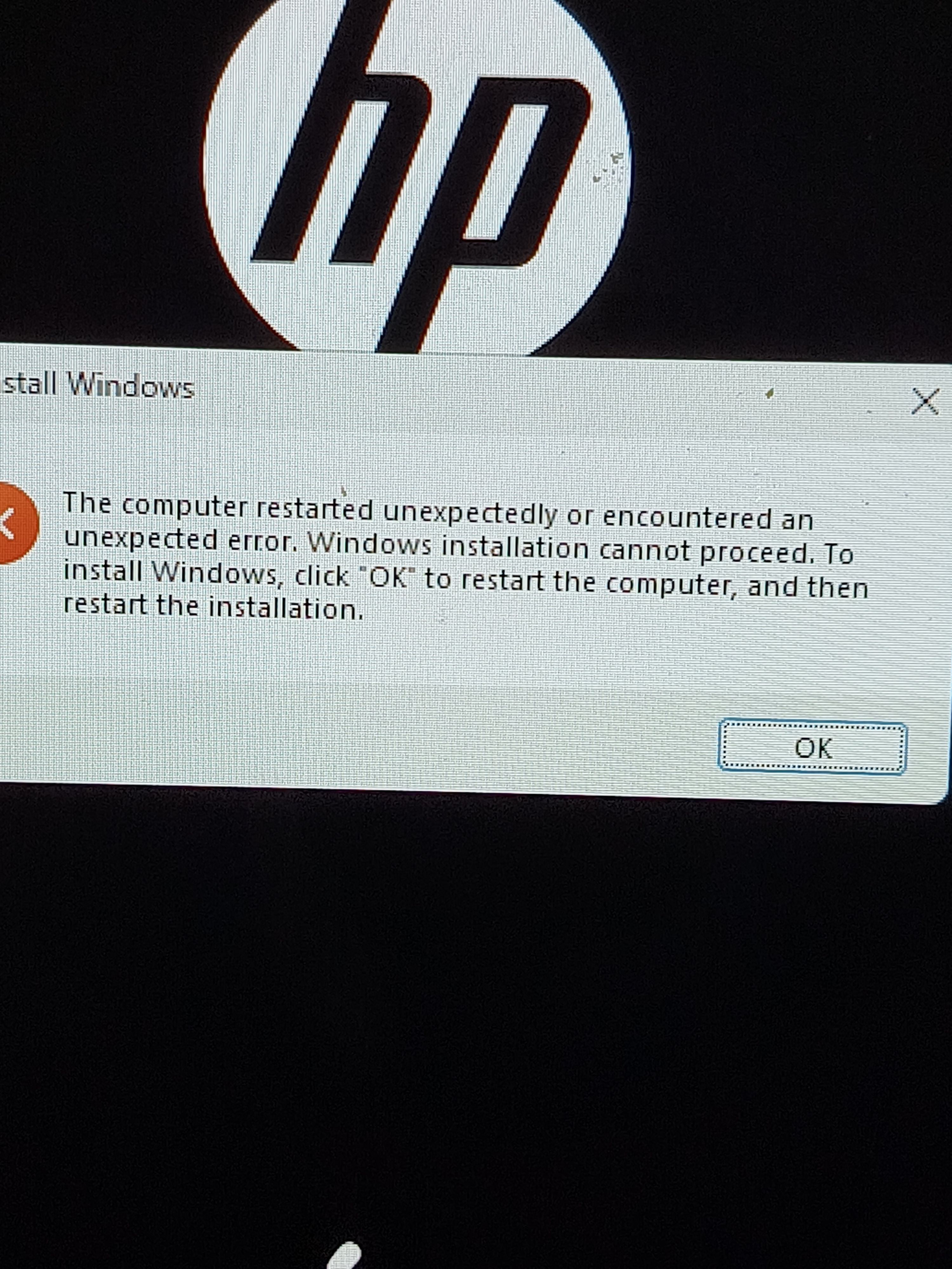 The computer restarted during windows installation - HP Support ...