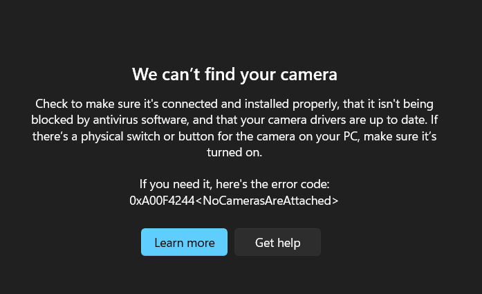 "We can't find your camera" error code: 0xA00F244