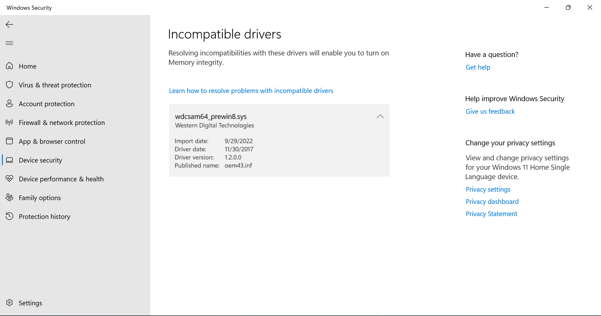 Memory integrity off due to incompatible driver - HP Support Community ...