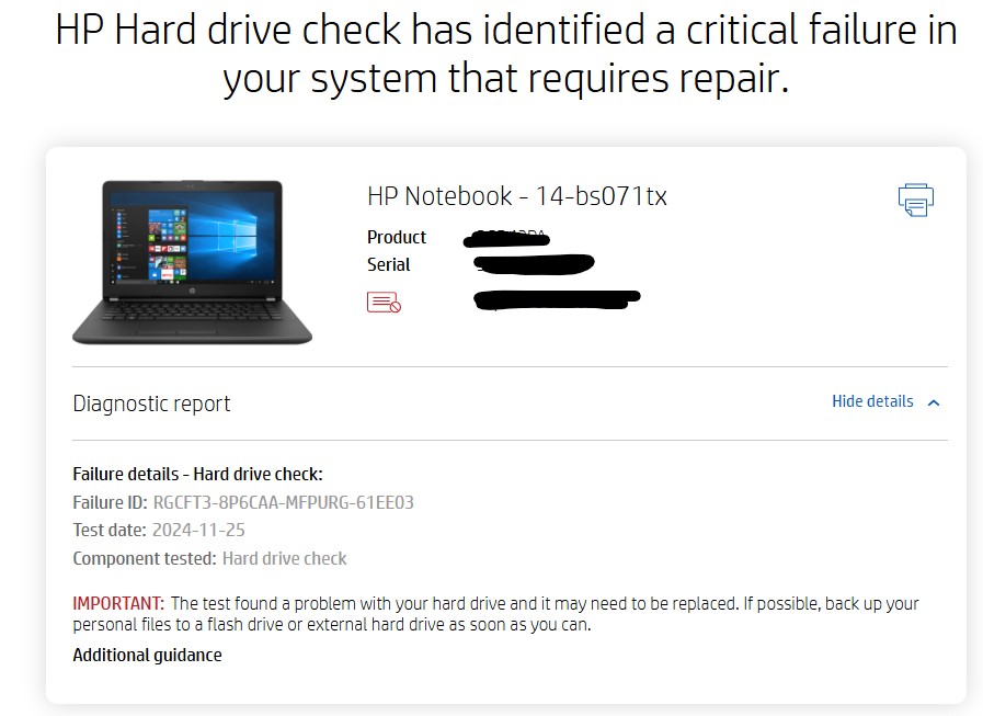 Hard disk drive DST long self-test: failed. - HP Support Community ...