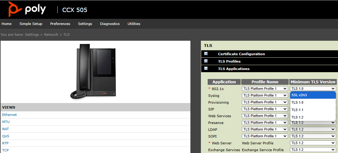 Polycom 6000 - Disable SSLv2v3 and TLS1.0, only enable TLS 1... - HP ...