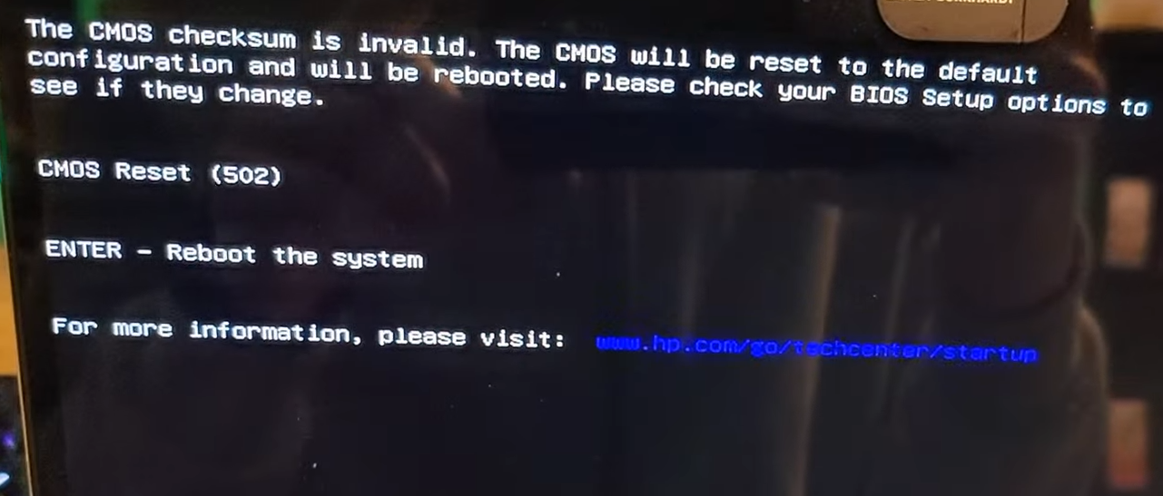 CMOS Checksum invalid on HP Spectre x360 13-ap0317ng - HP Support ...