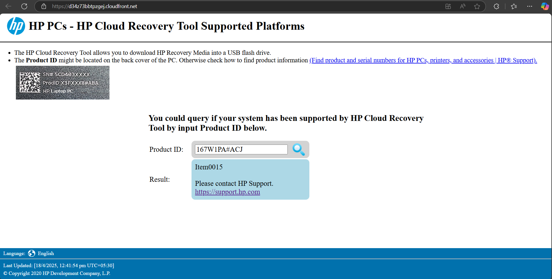 HP Cloud Recovery tool Shows product id as invalid - HP Support ...