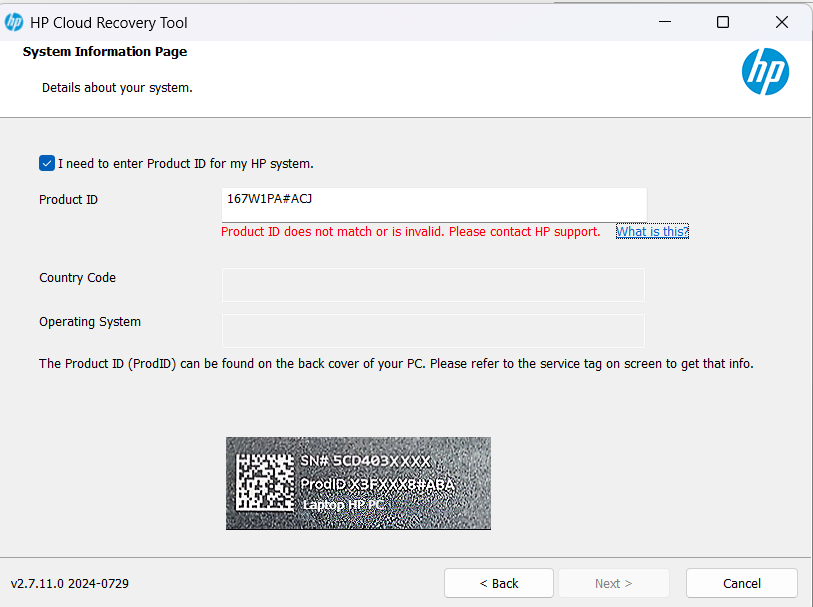 HP Cloud Recovery tool Shows product id as invalid - HP Support ...