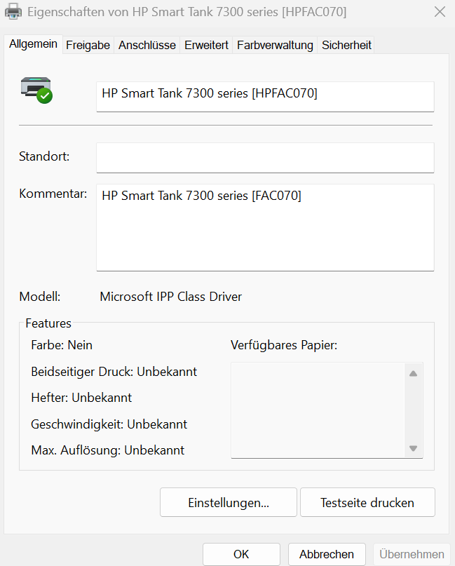 Solved: HP Smart Tank 7305 available by my devices, but cannot print ...