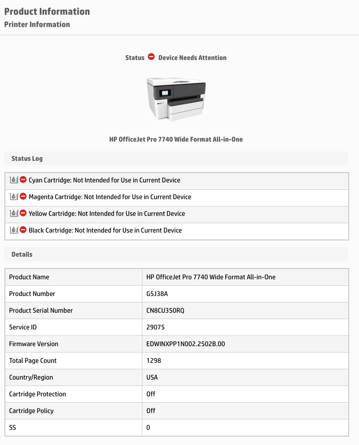 Region lock for 7740 to enable use of 952 cartridges - HP Support ...