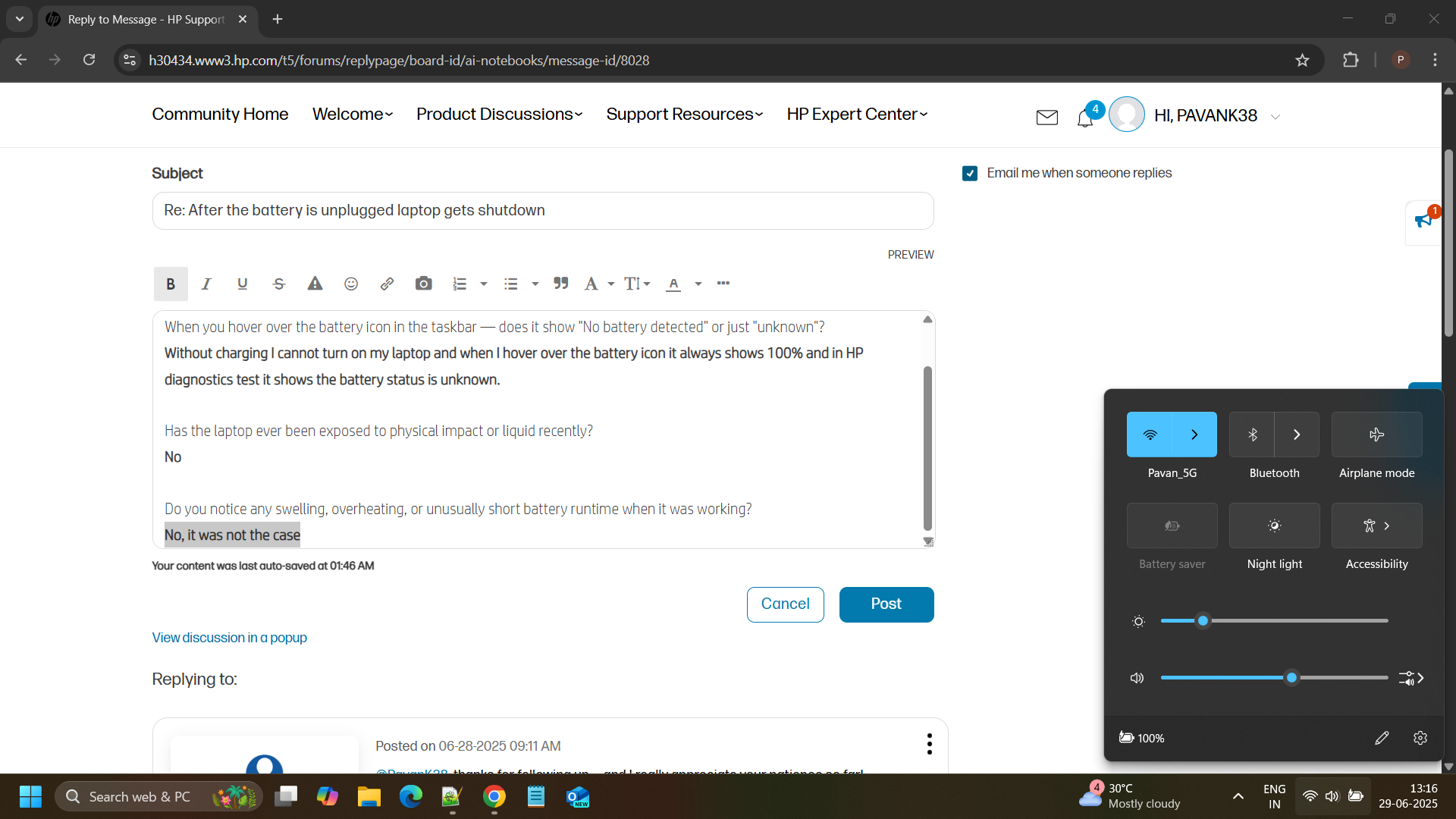 After the battery is unplugged laptop gets shutdown - HP Support ...