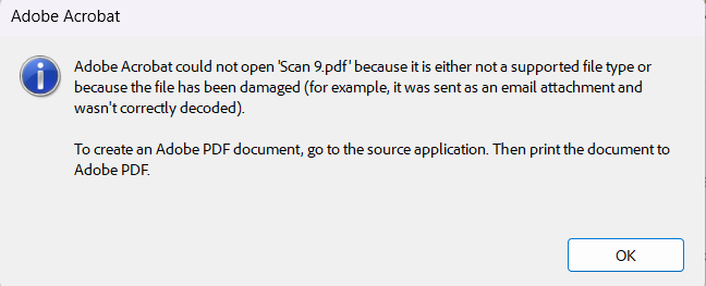 Scanned document and saved as PDF. Can't open PDF - HP Support ...