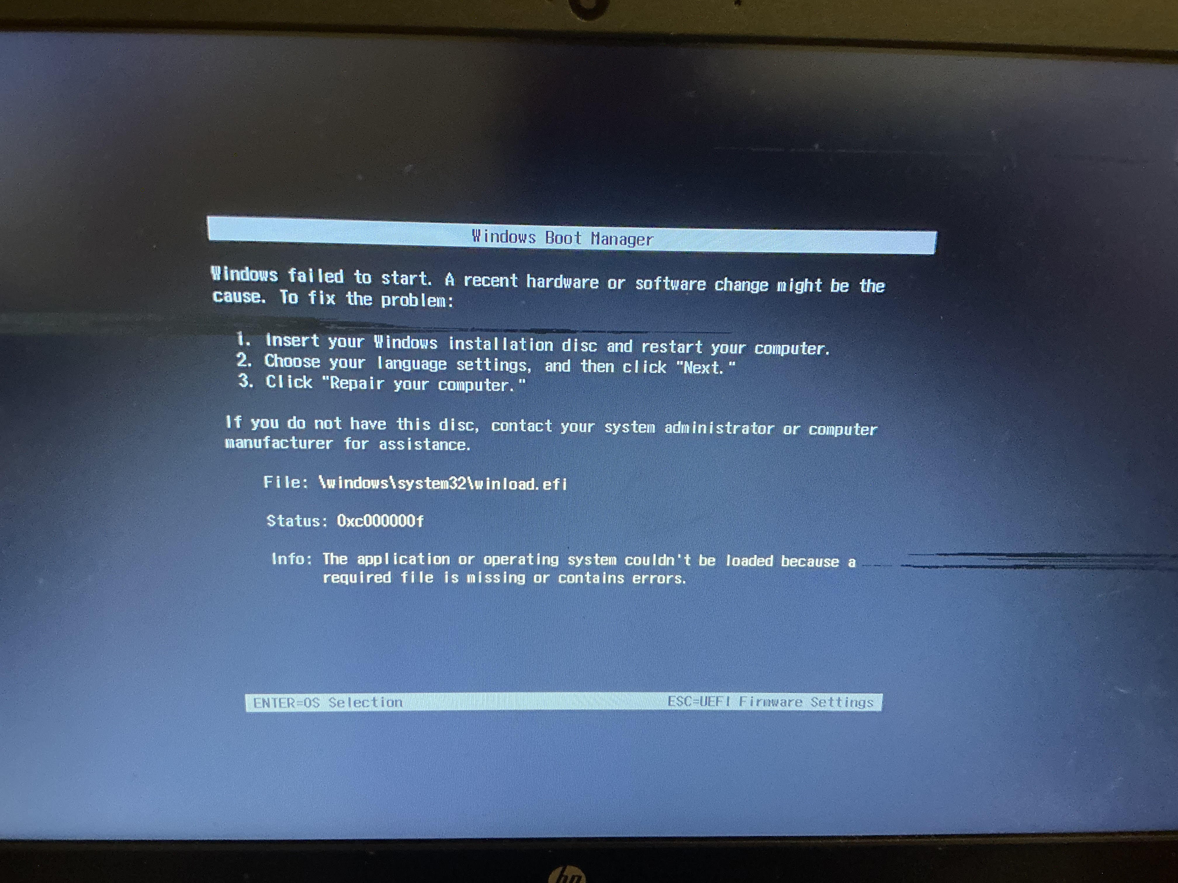my windows 10 comuper cas error code 0xc000000f - HP Support Community ...