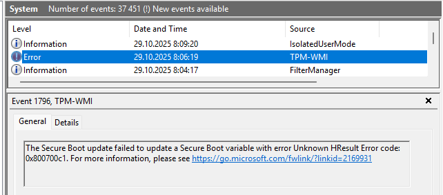 The Secure Boot update failed. Unknown HResult Error code: 0... - HP ...